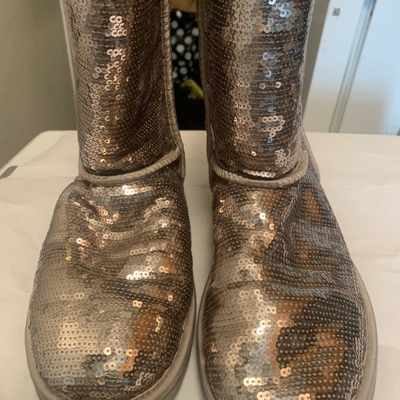 UGG | Shoes | Ugg Australia Classic Short Gold Glitter Sparkle Sequin Shearling Boots | Poshmark